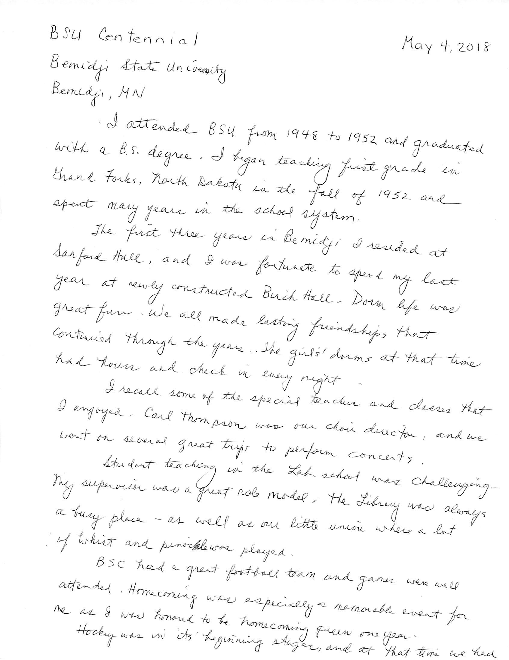 Handwritten Letter From 52 Alumna BSU Centennial Bemidji State